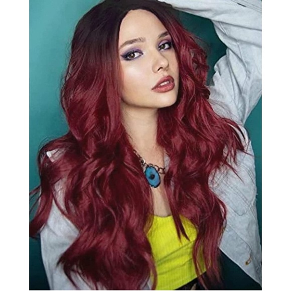 Hair | Long Ombre Red Wig Middle Part Curly Natural Looking Synthetic ...